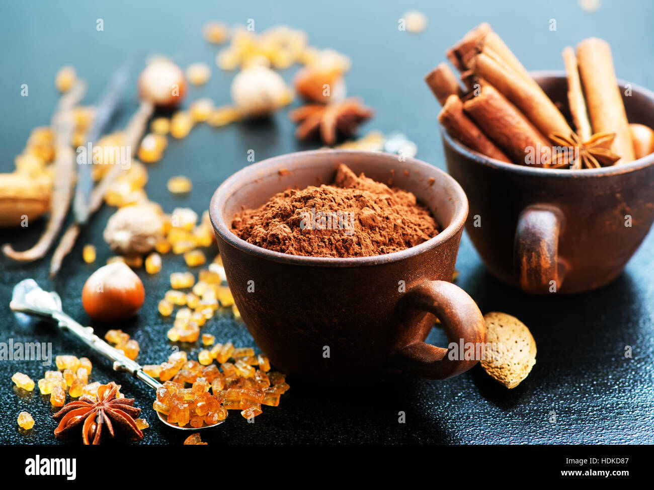 cocoa powder and aroma spice on a table Stock Photo - Alamy