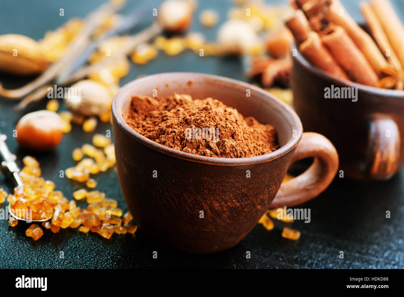 cocoa powder and aroma spice on a table Stock Photo - Alamy