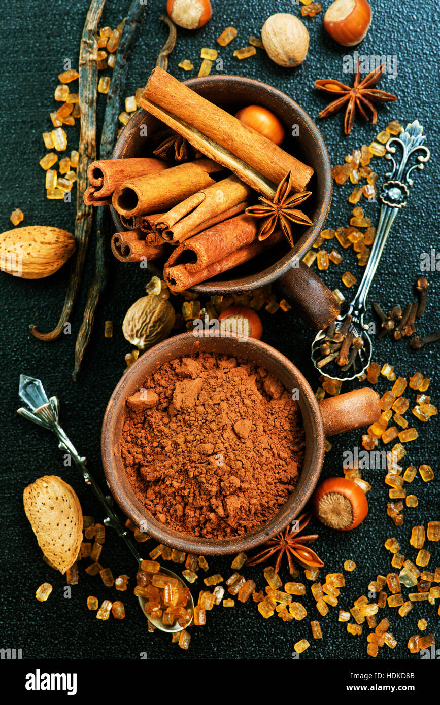 cocoa powder and aroma spice on a table Stock Photo - Alamy