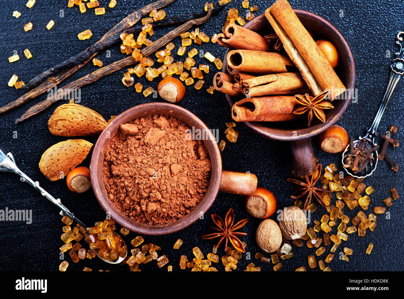 cocoa powder and aroma spice on a table Stock Photo - Alamy