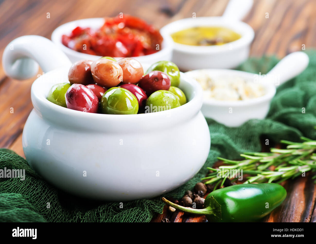 olives, cheese and dry tomato in bowl Stock Photo - Alamy