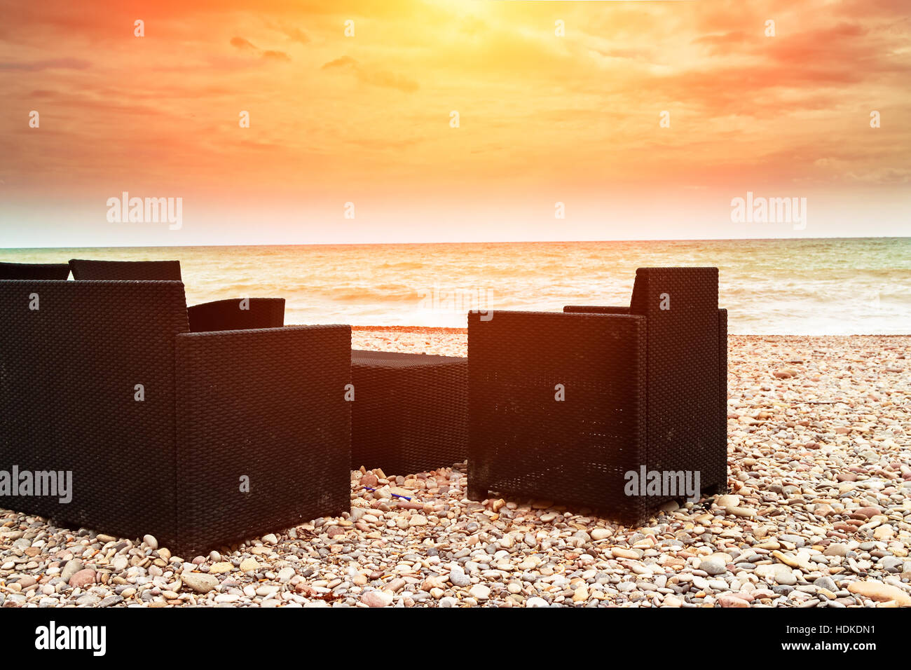 Sunset on a beach terrace. Horizontal image Stock Photo - Alamy