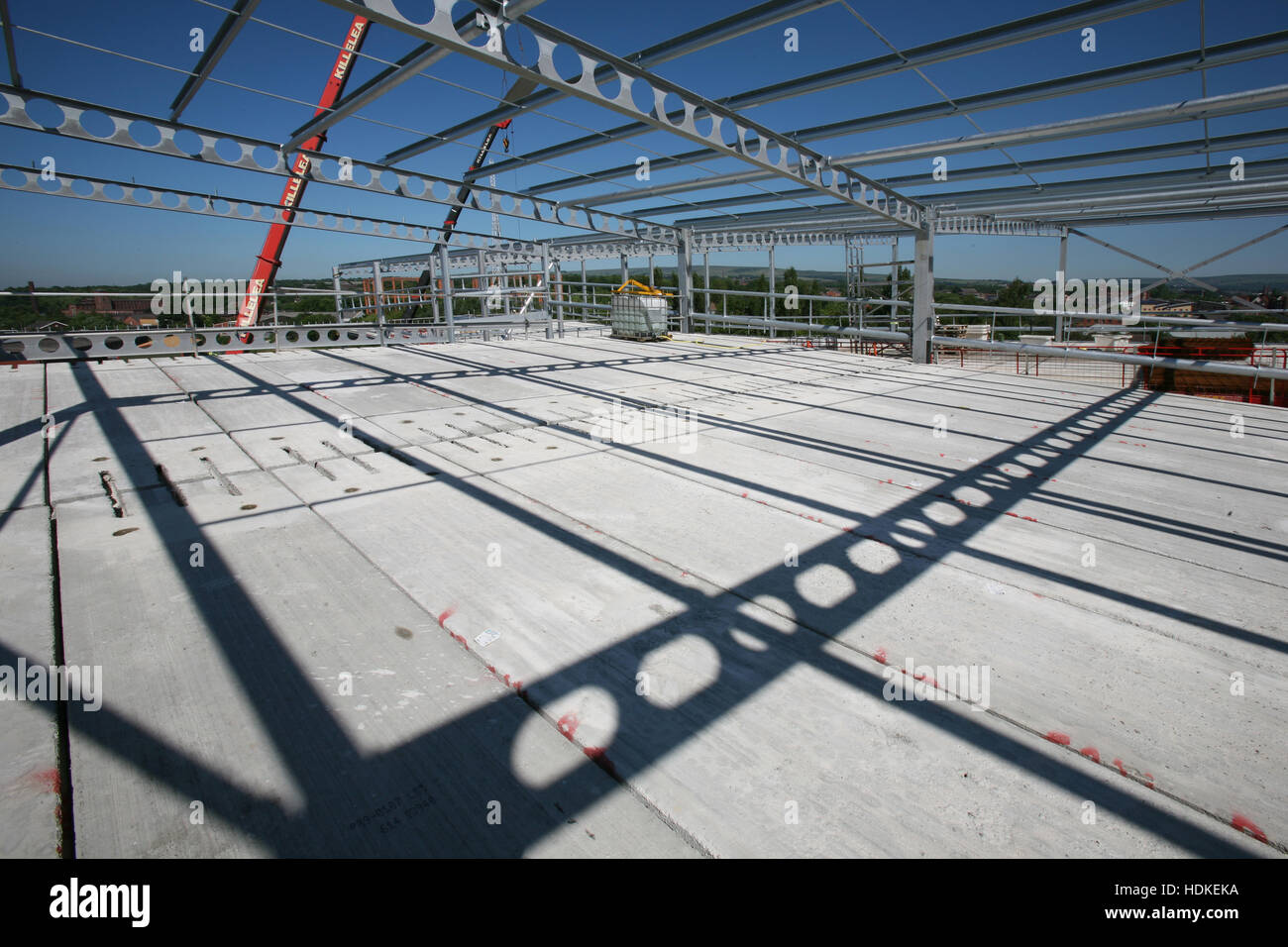 Construction site with PCC plank floor deck,structural steel frame and ...