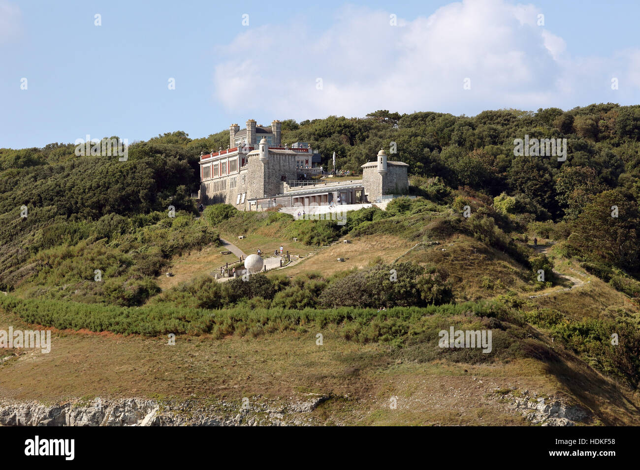 Visitors enjoying autumn sunshine at Durlston Country Park and Castle ...