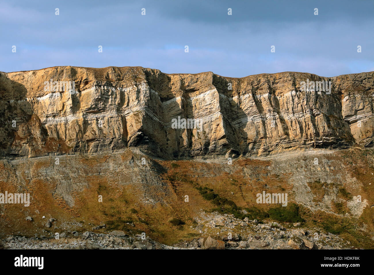 Imposing limestone rock cap to sea face of Gad Cliff near Tyneham ...