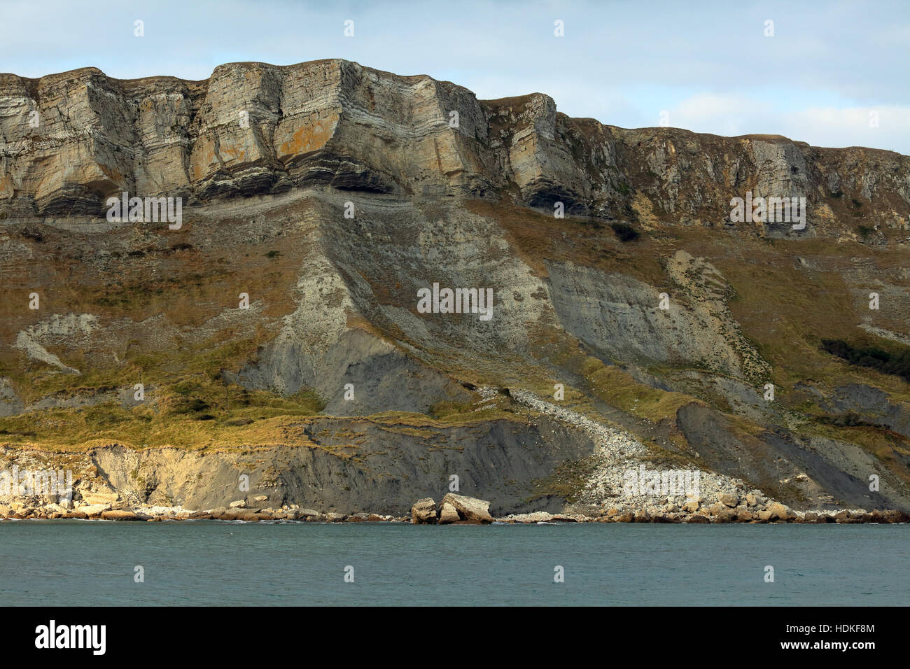 Imposing limestone rock cap to sea face of Gad Cliff near Tyneham ...