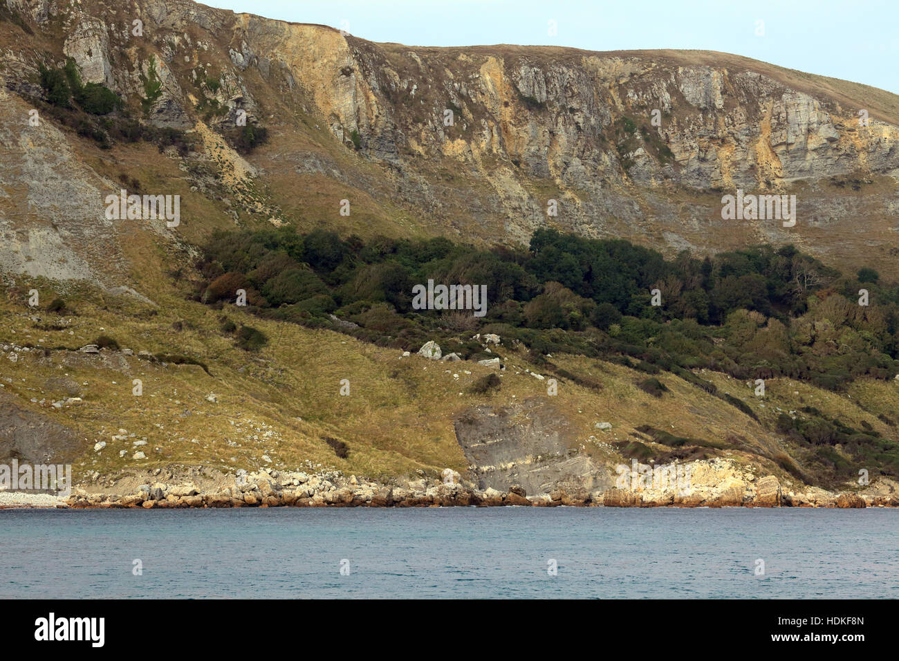 Imposing limestone rock cap to sea face of Gad Cliff near Tyneham ...