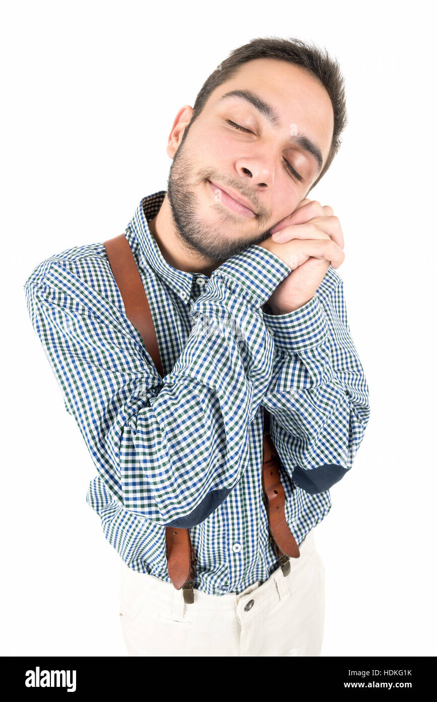 Nerd in love posing isolated in a white background Stock Photo - Alamy