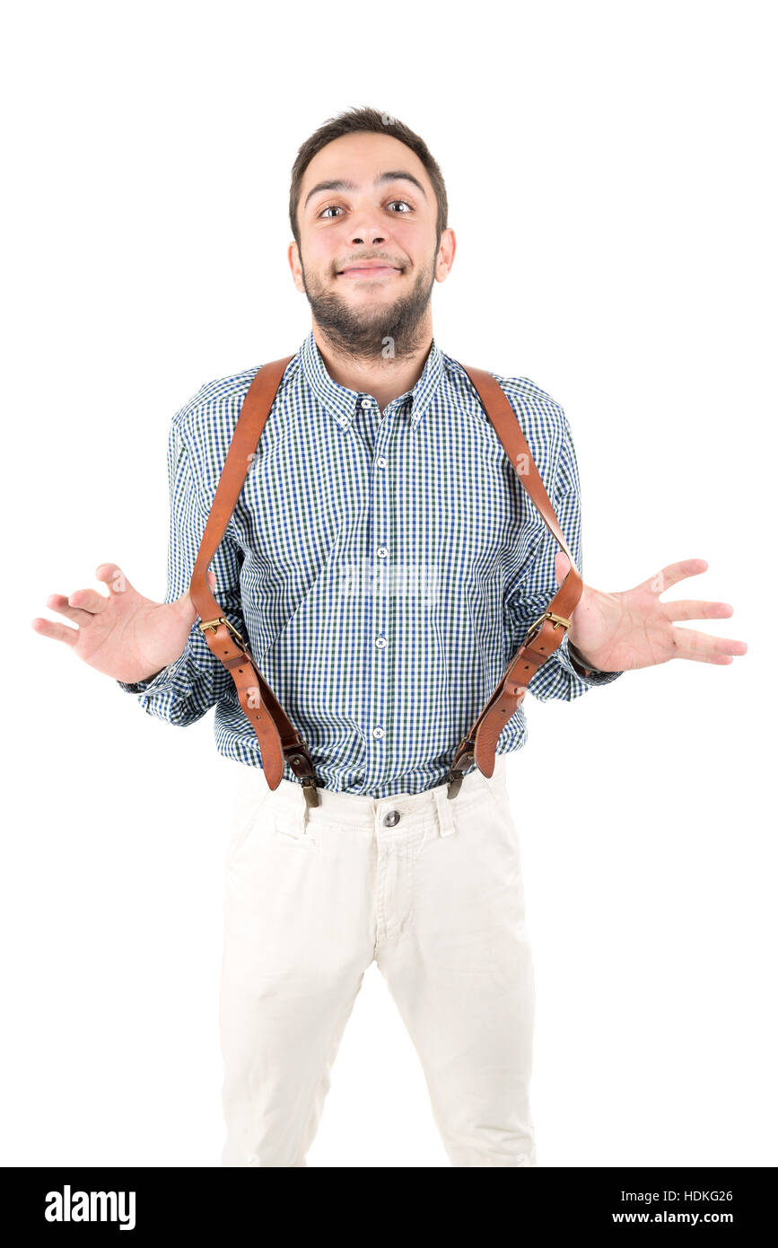 Happy nerd posing isolated in a white background Stock Photo - Alamy