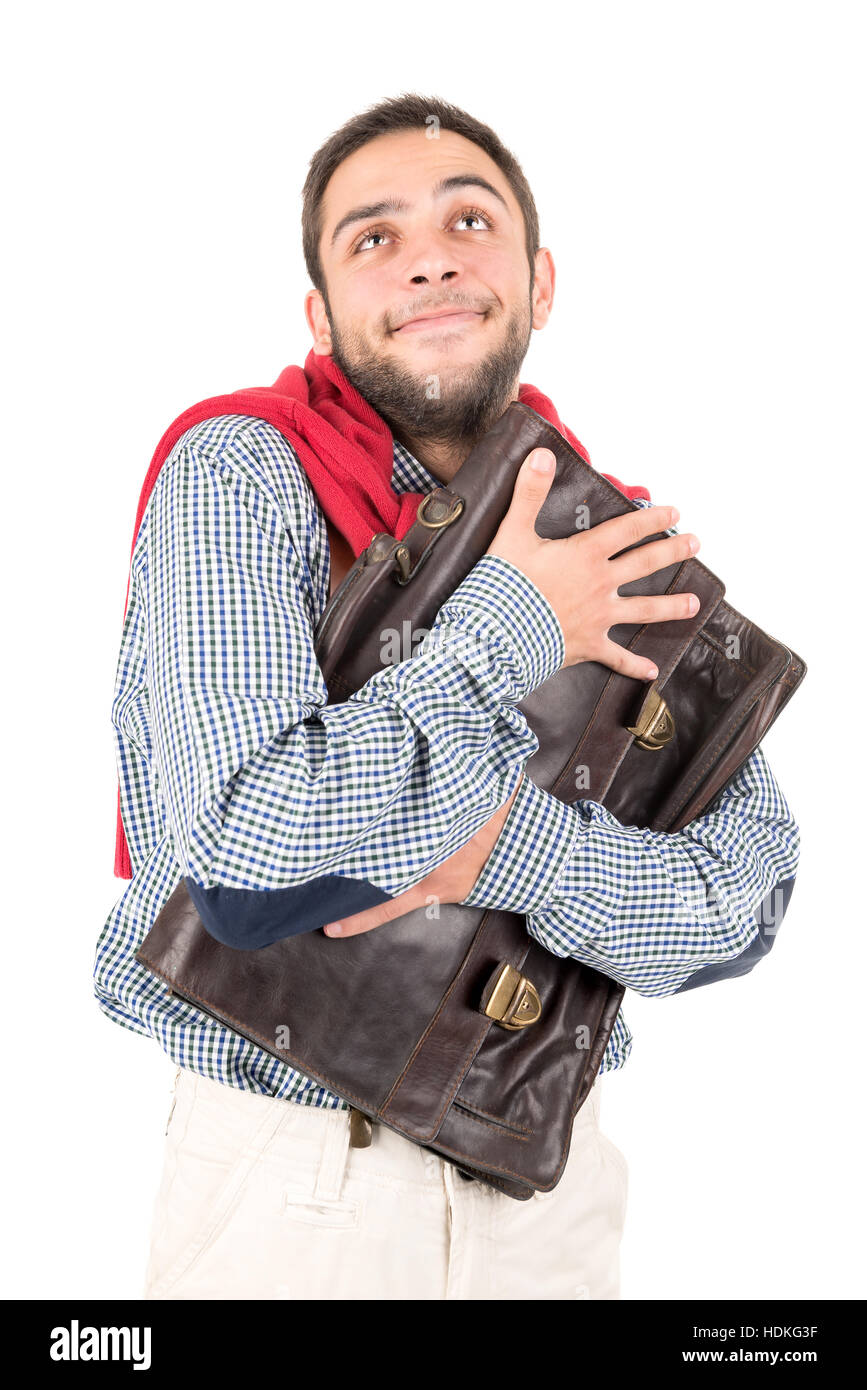 Young nerd posing with case isolated in a white background Stock Photo ...