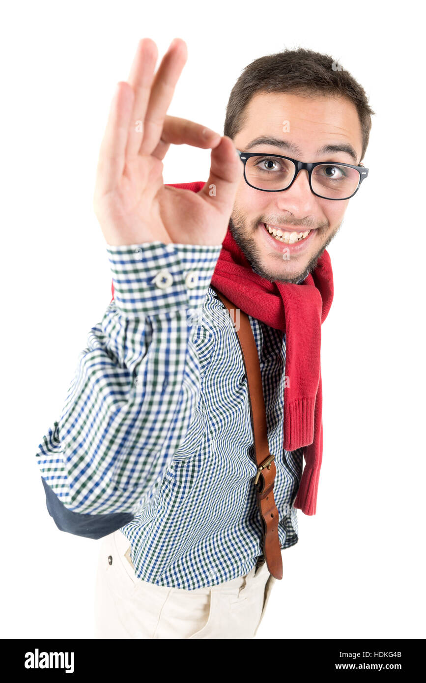 Happy nerd posing isolated in a white background Stock Photo - Alamy