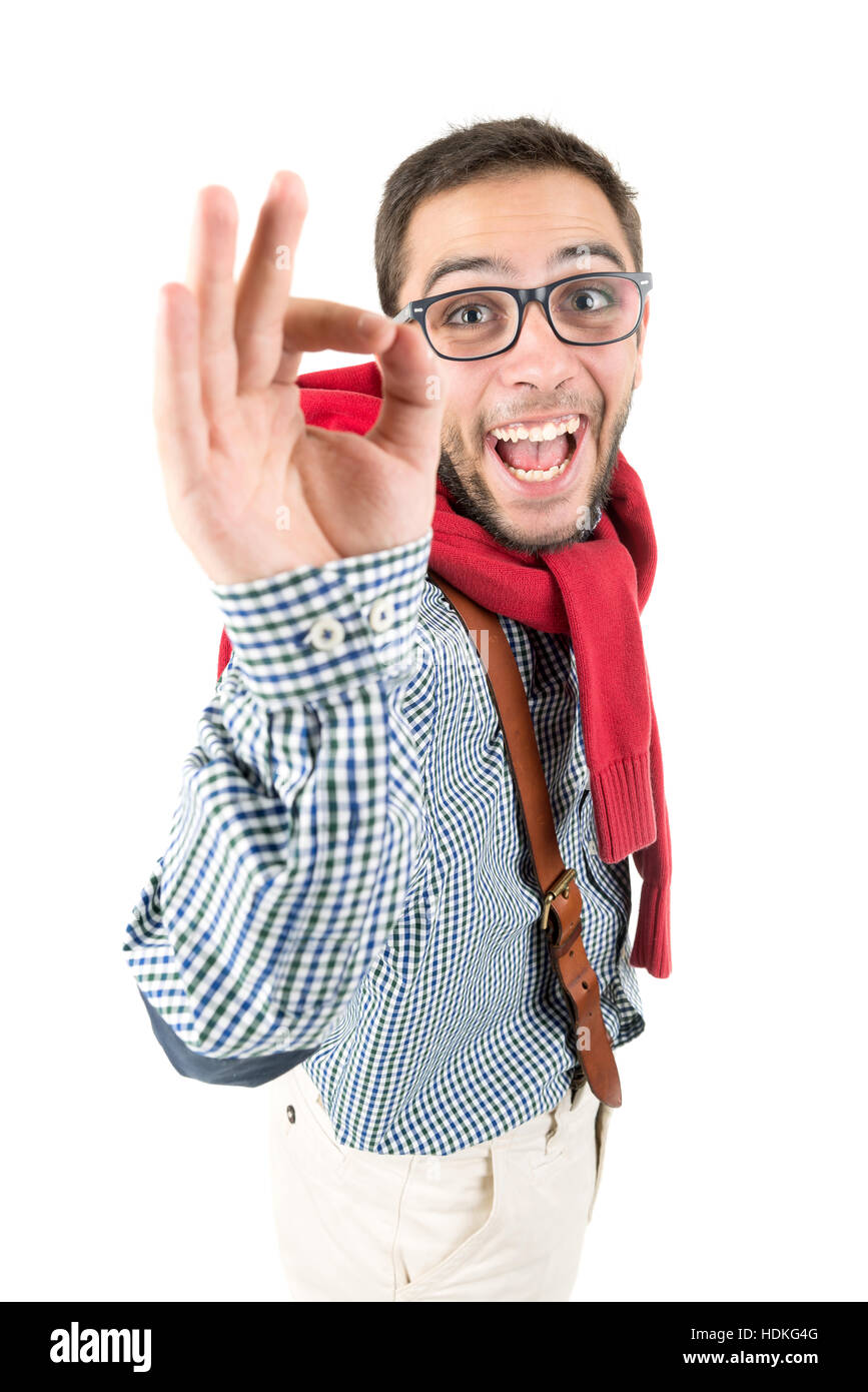 Happy nerd posing isolated in a white background Stock Photo - Alamy