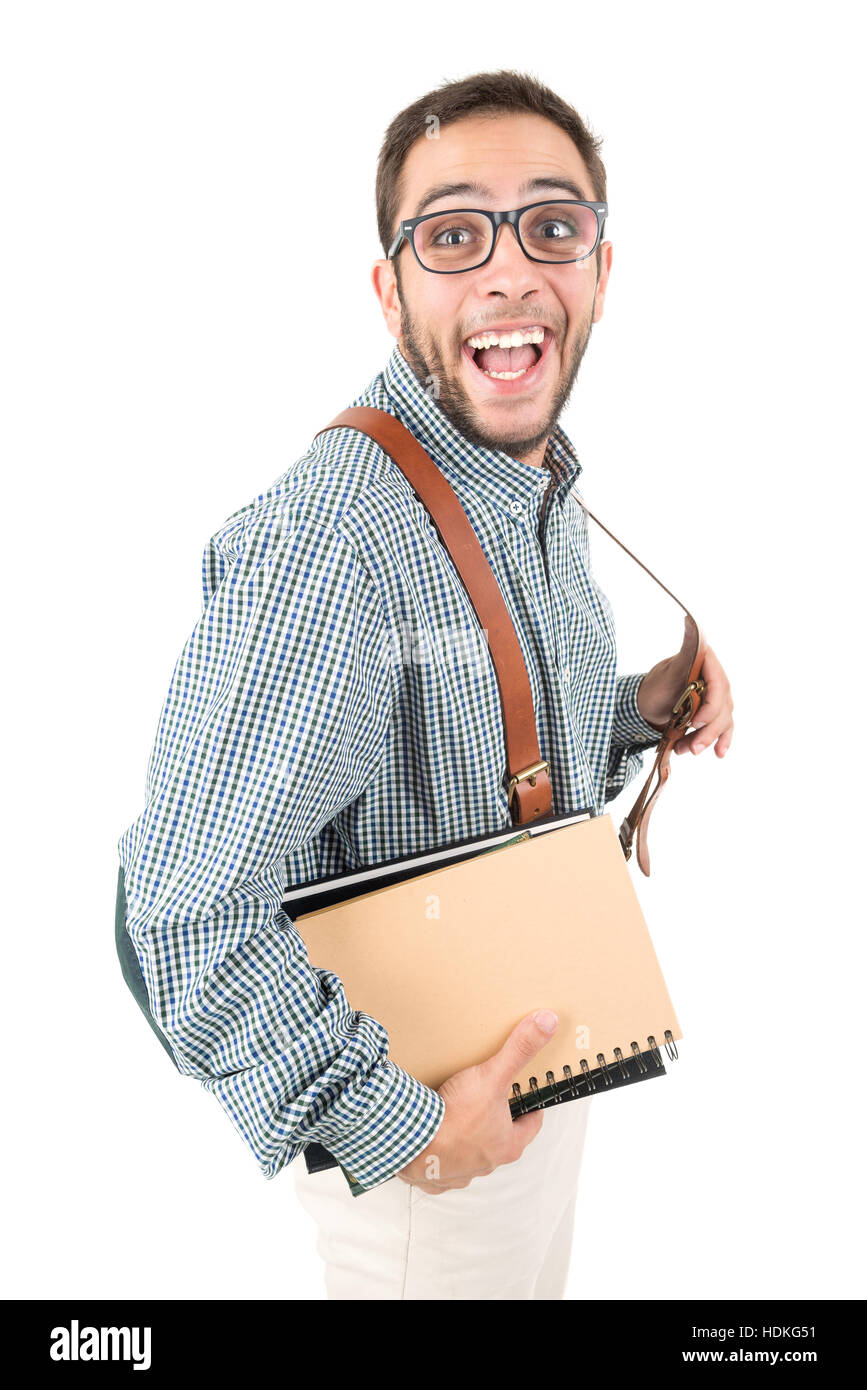Nerd student posing with books against a white background Stock Photo ...