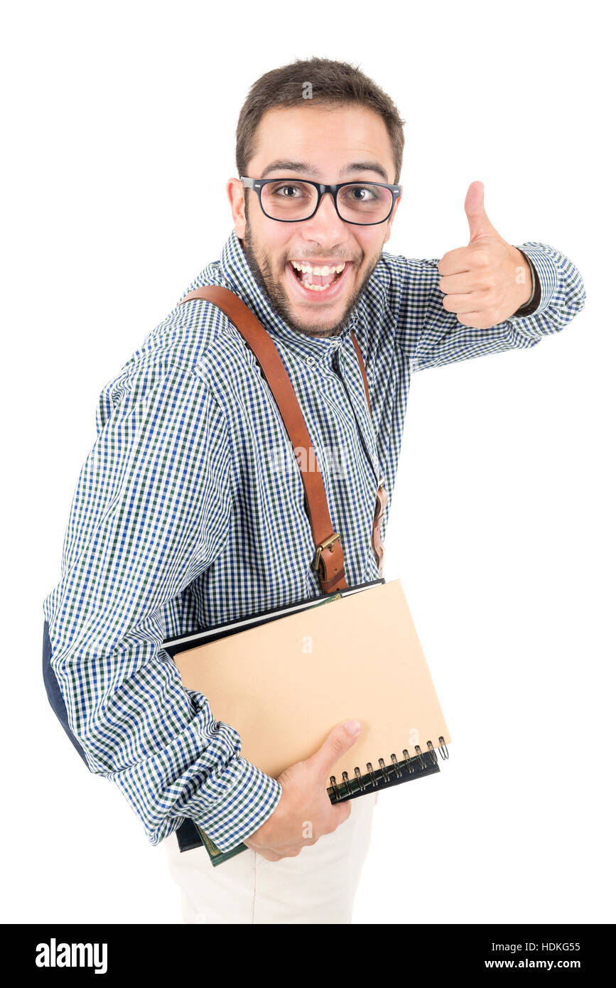 Nerd student posing with books against a white background Stock Photo ...