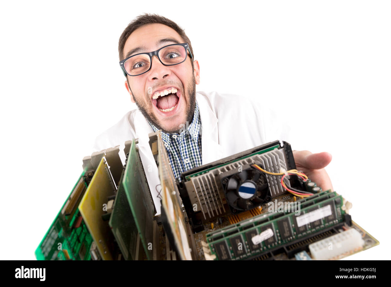 Nerd engineer posing with computer components isolated in a white ...