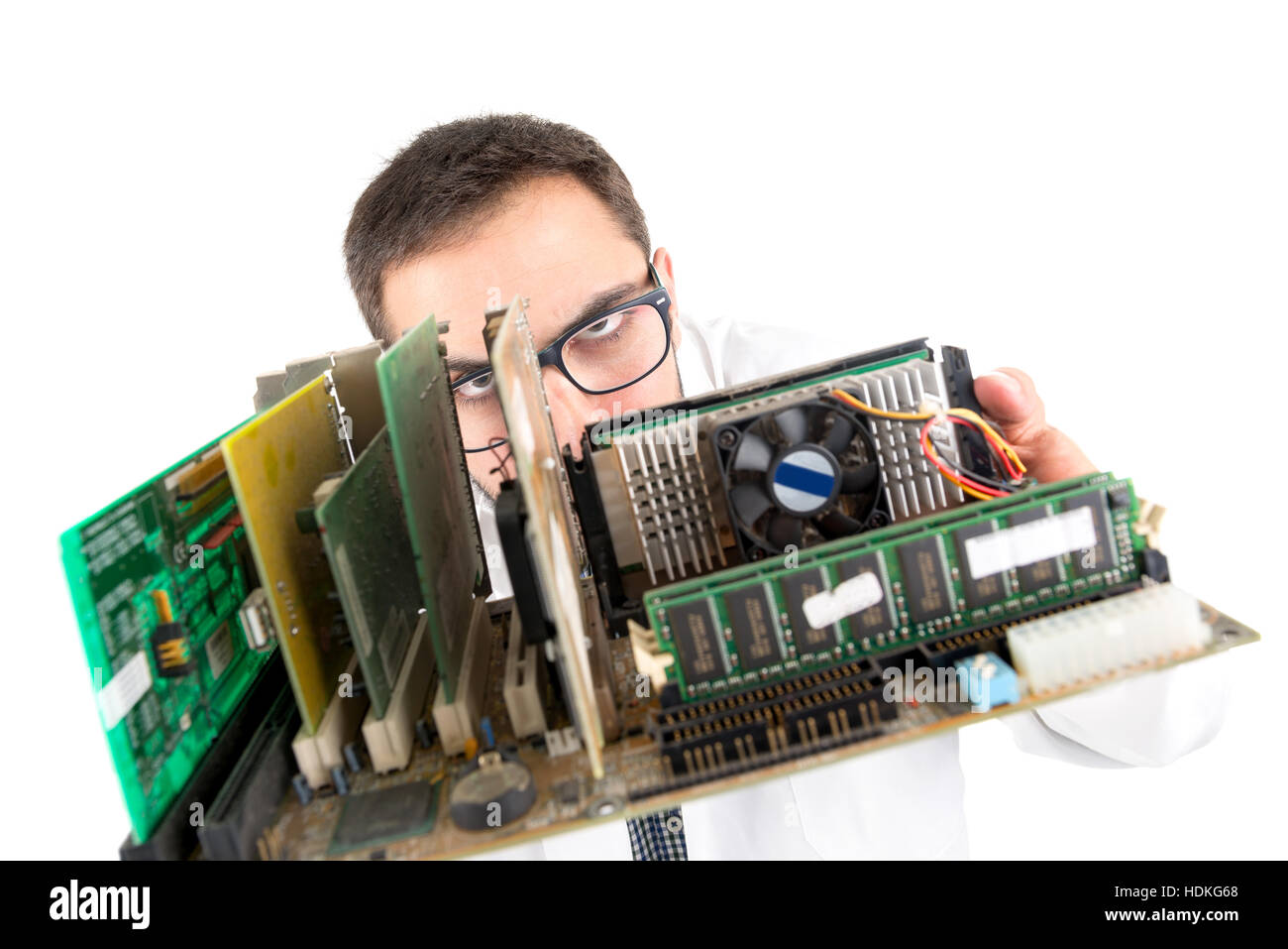 Nerd Engineer Posing With Computer Components Isolated In A White