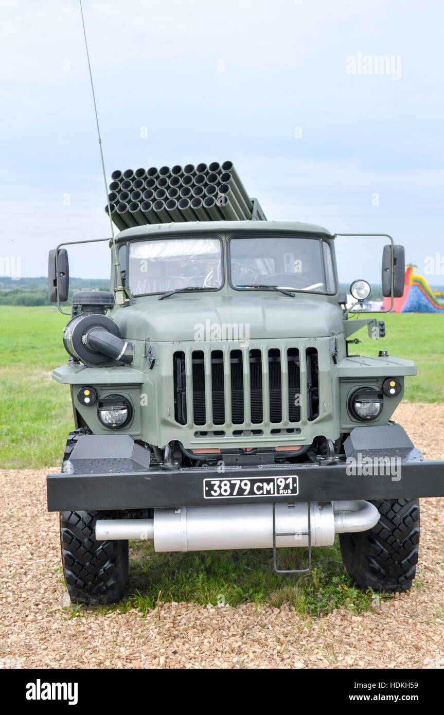 The BM-21 Grad is a Soviet truck mounted 122 mm multiple rocket launcher Stock Photo - Alamy