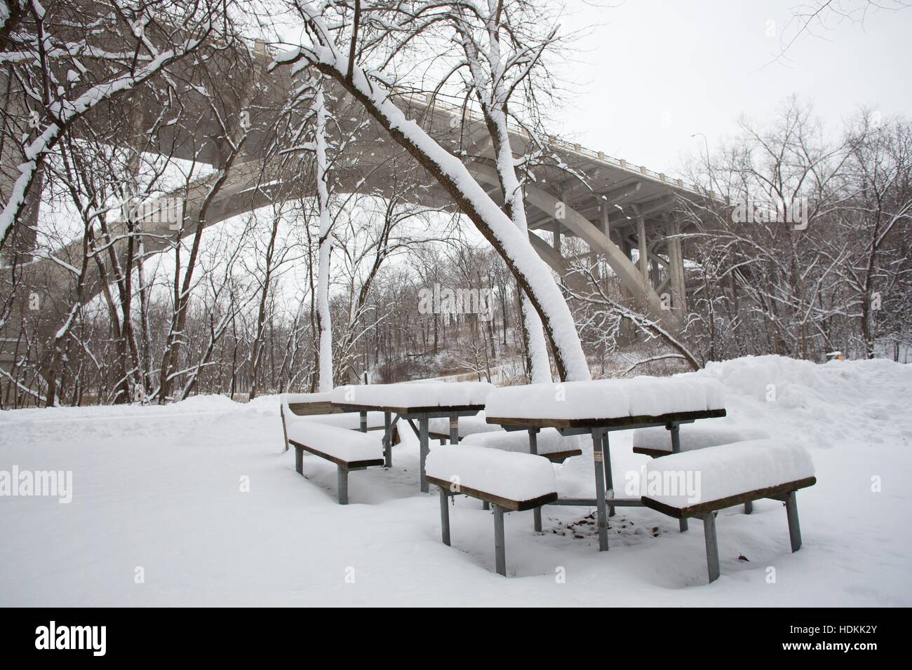 Snow covered picnic tables at Fort Snelling state park in Minneapolis ...