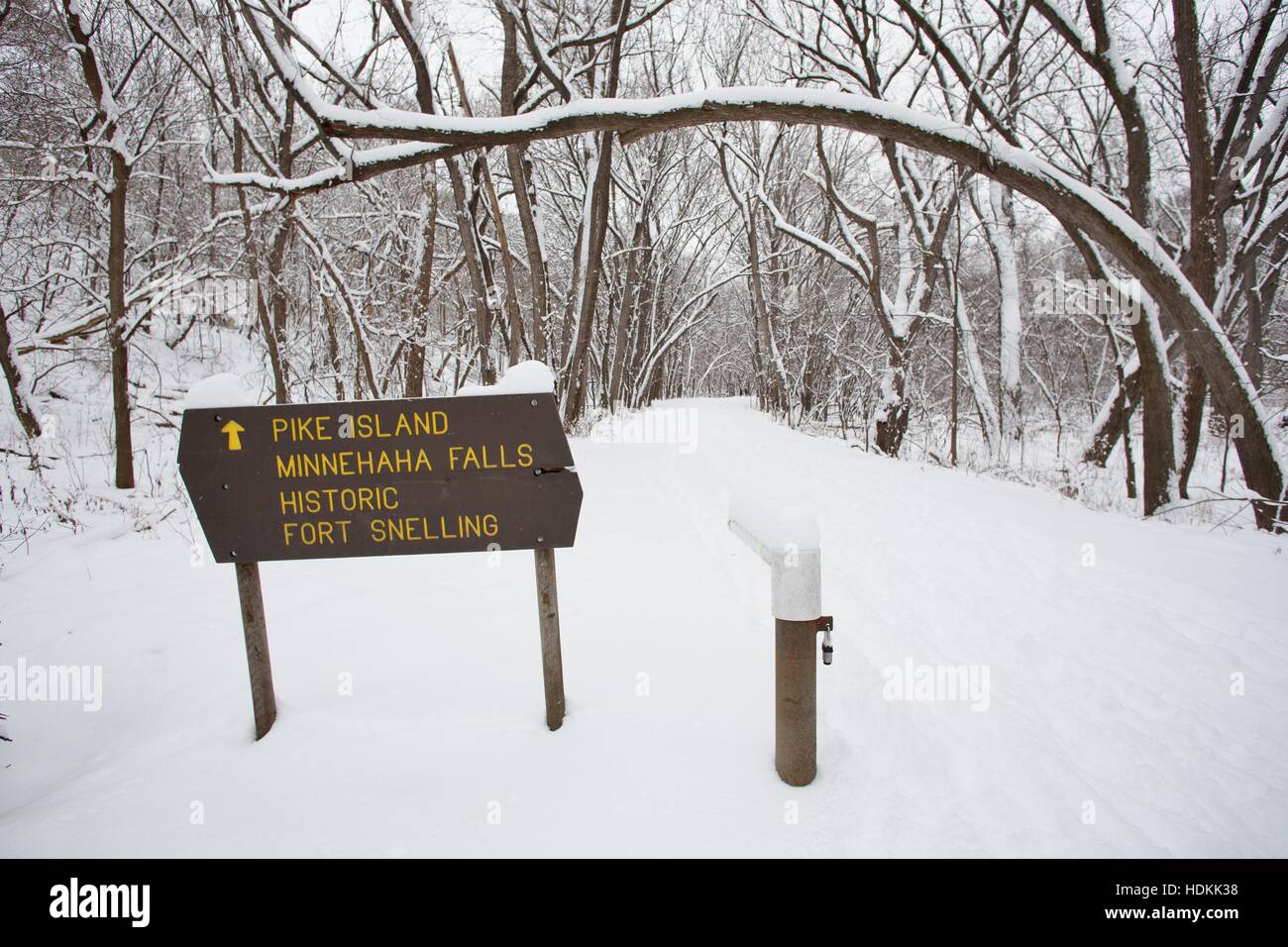 A sign in the snow at Fort Snelling State Park in Minneapolis ...