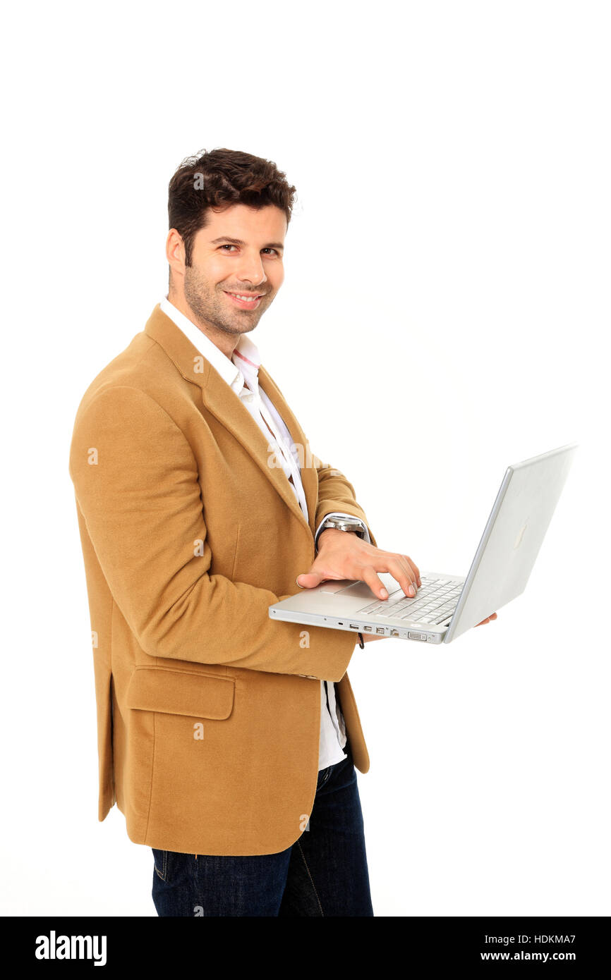 business man holding and typing on notebook isolated on a white ...