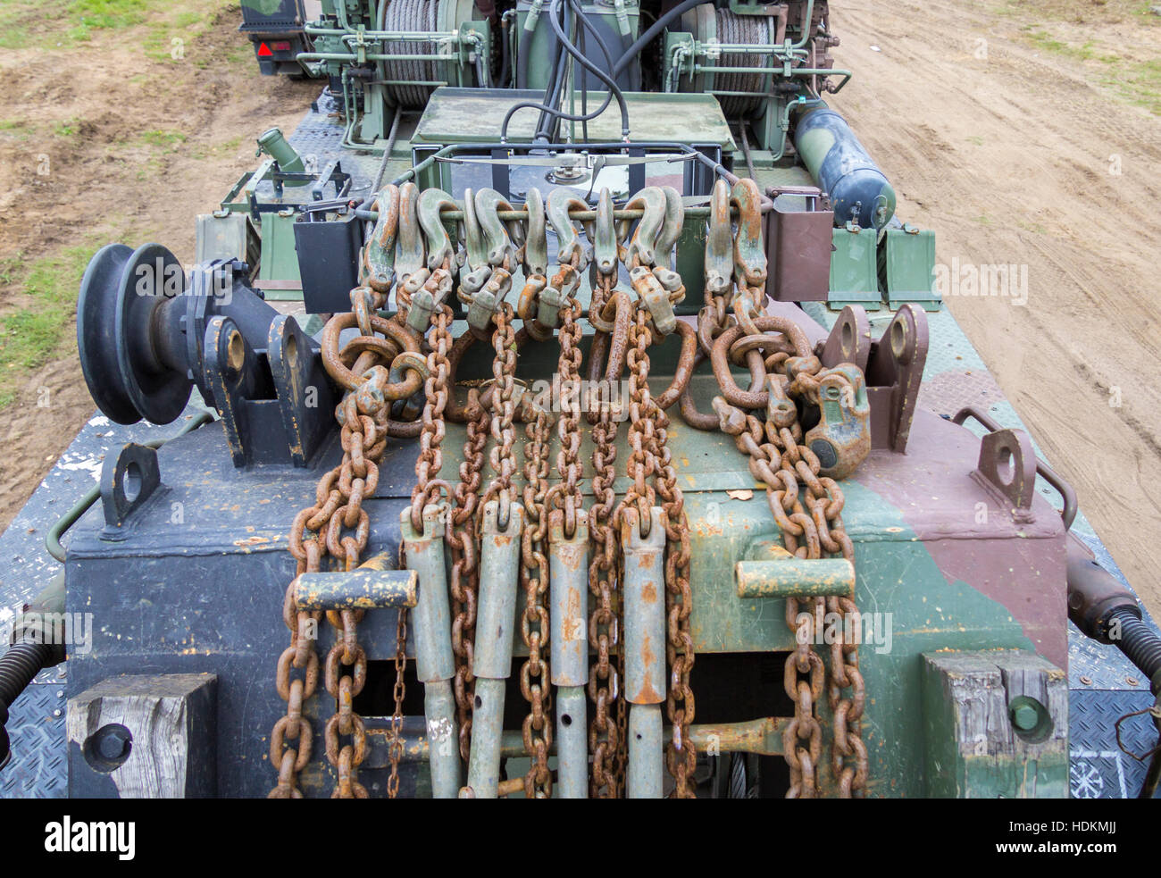 hooks on a chain on a german military transport truck Stock Photo - Alamy
