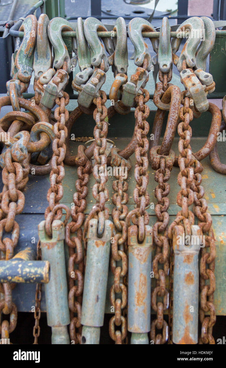 hooks on a chain on a german military transport truck Stock Photo - Alamy