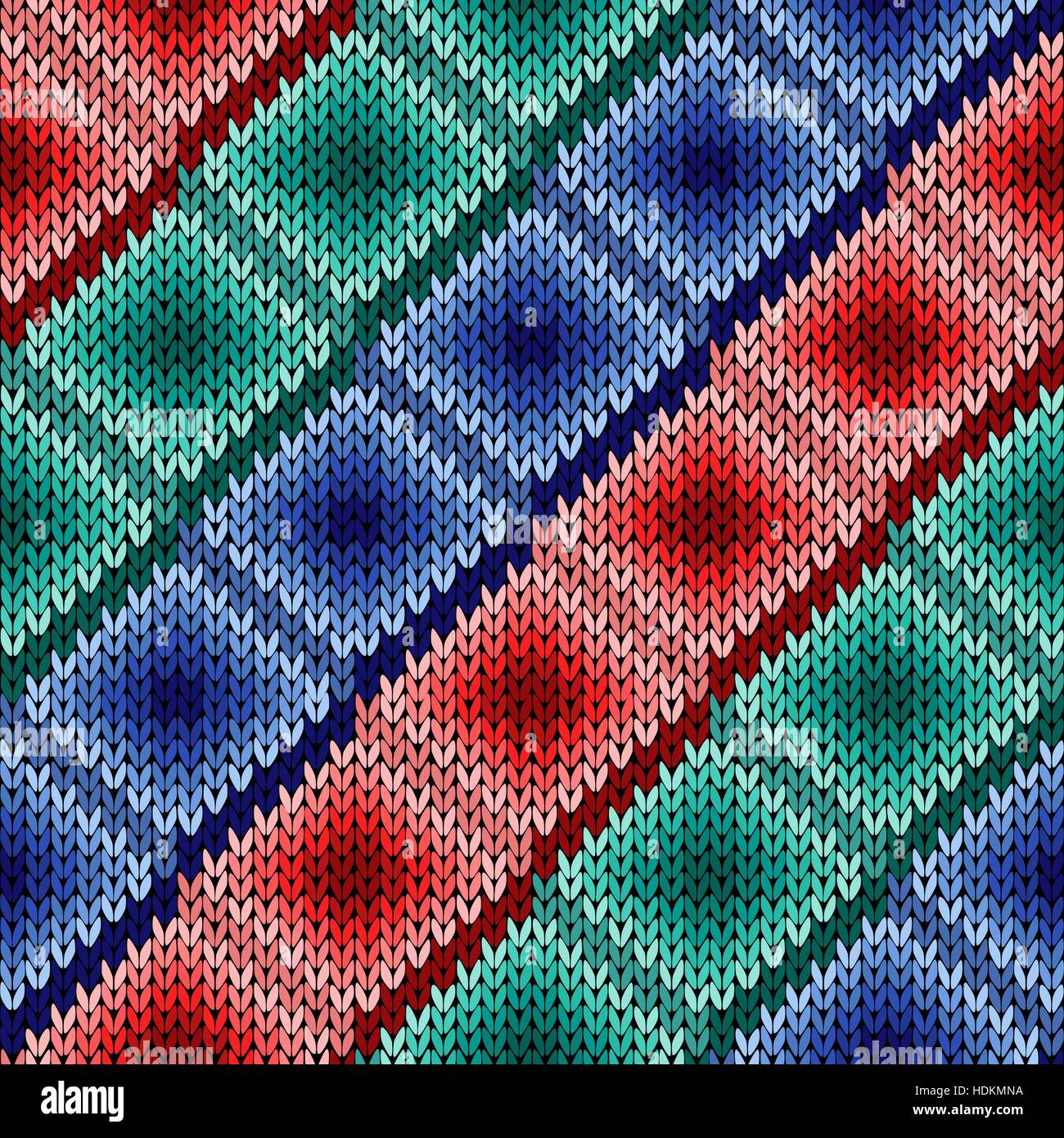 Knitted background with rows of rhombus cells of red, turquoise and ...