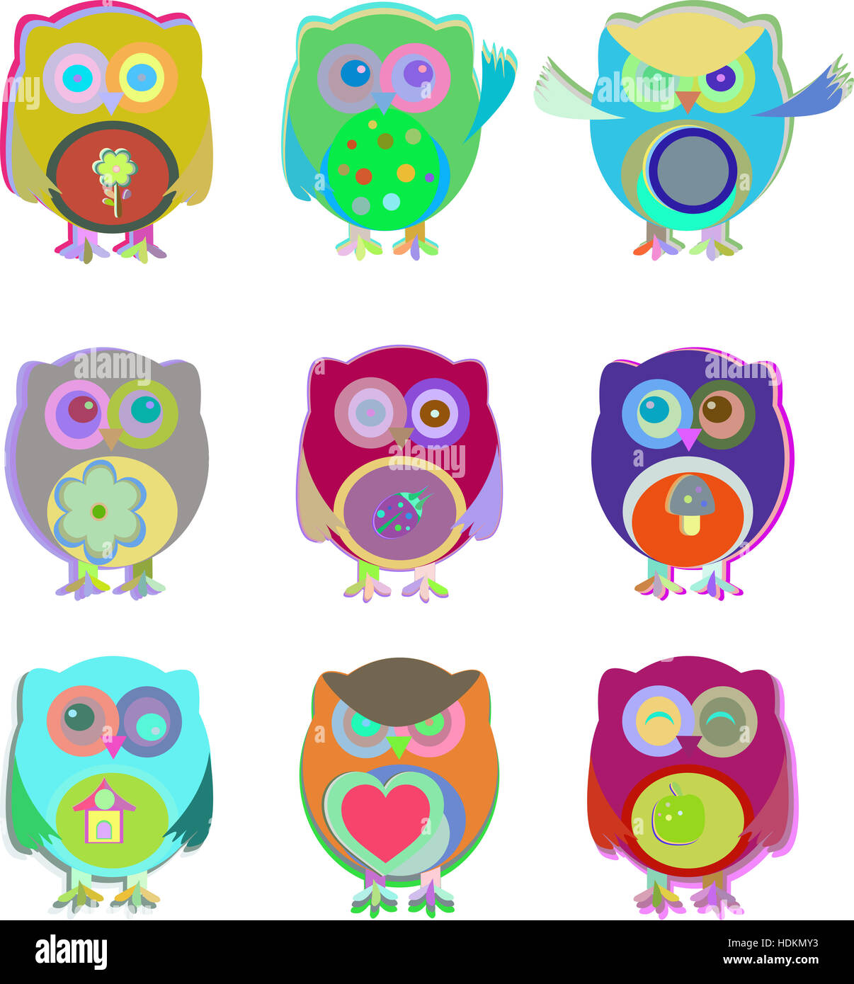 set of cute owls isolated on white Stock Photo - Alamy