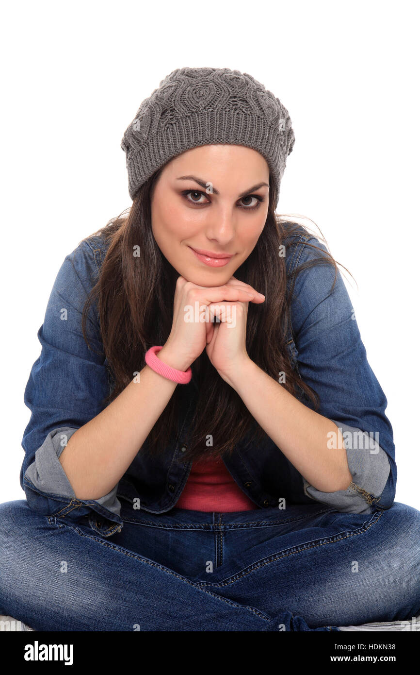 portrait of beautiful girl with grey cap Stock Photo - Alamy