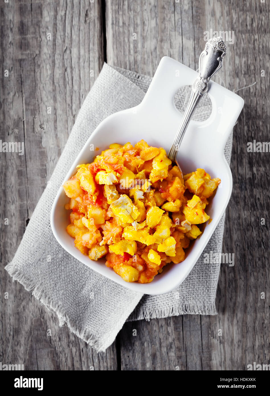 Healthy lunch with cod and steamed vegetables, pumpkin, potatoes and ...