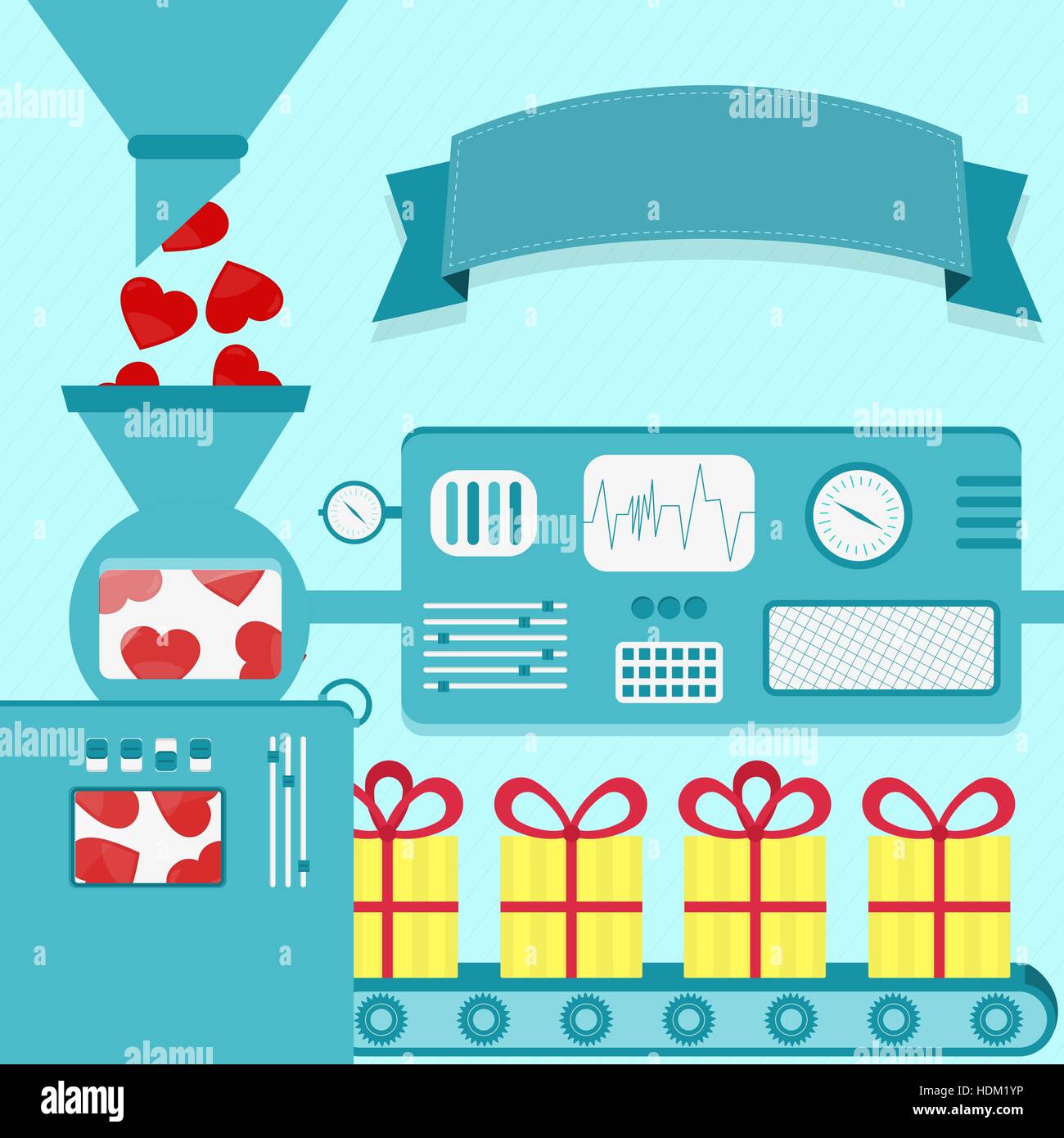Vector illustration of factory producing gifts. Gift production from ...