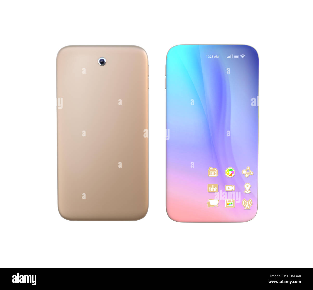 Front and rear view of full screen smartphones isolated on white ...