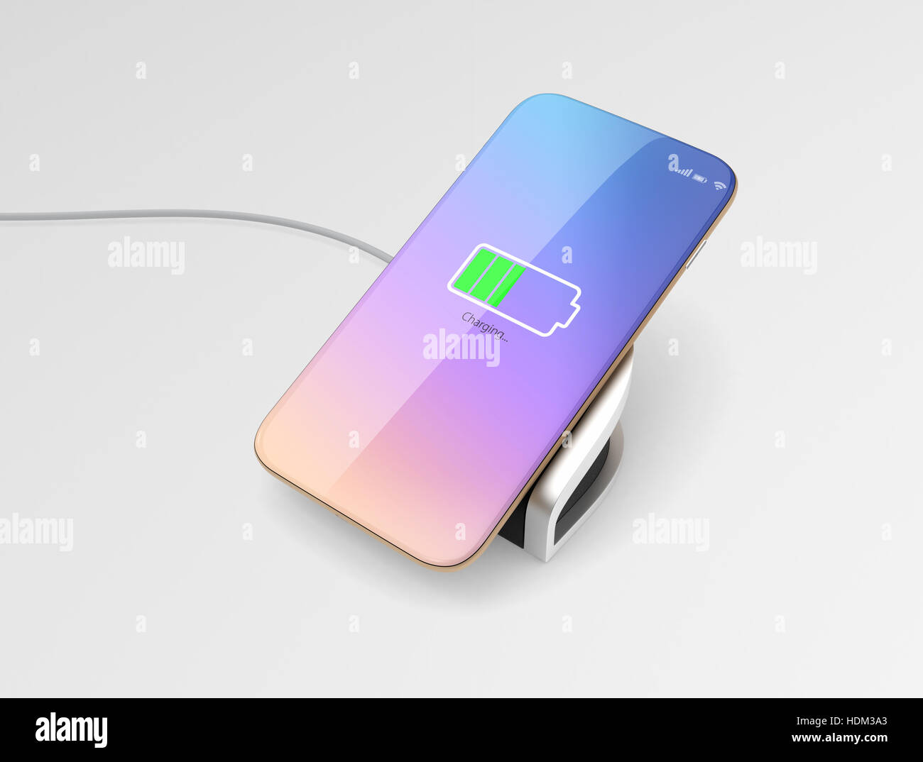 Smart phone charging on wireless charger. 3D rendering image with ...