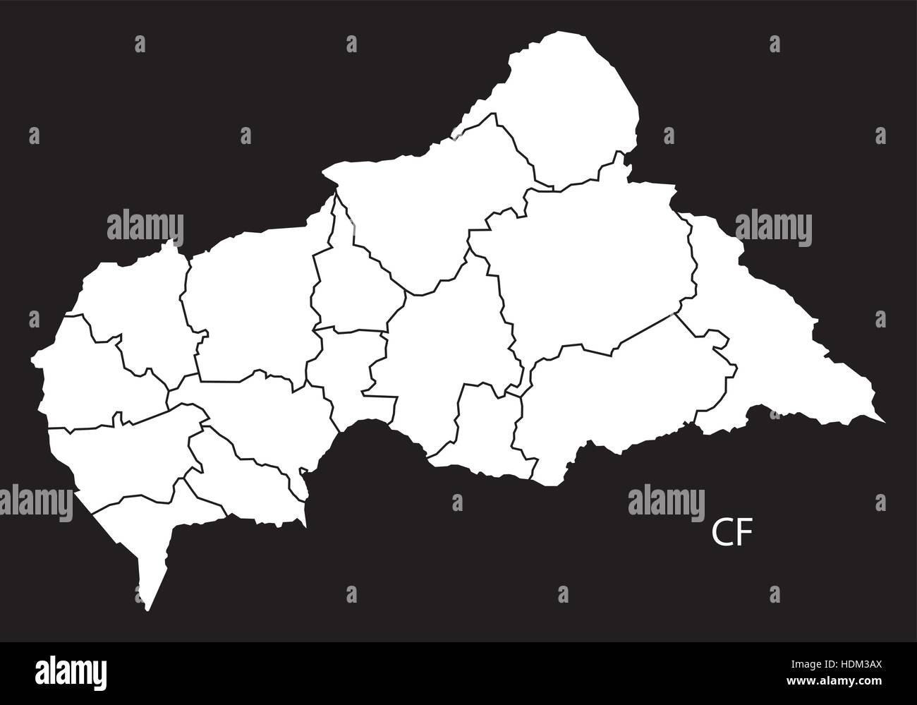 Central African Republic prefectures Map black and white illustration ...