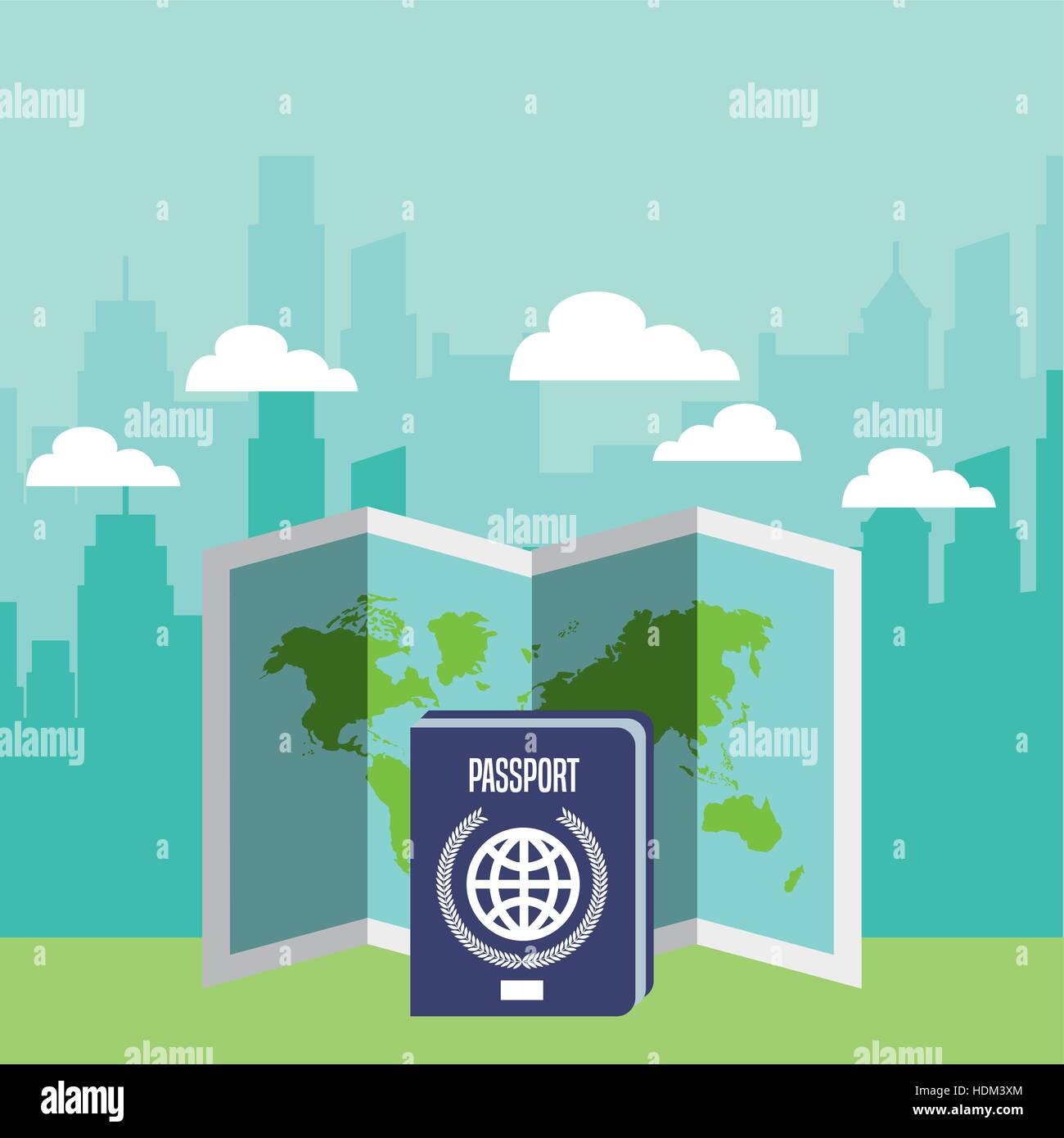 passport and world map over city background. colorful design. vector ...
