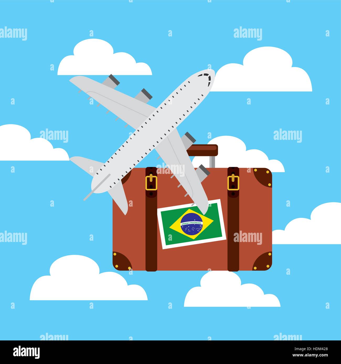 airplane and brown suitcase with brazil flag sticker over sky ...