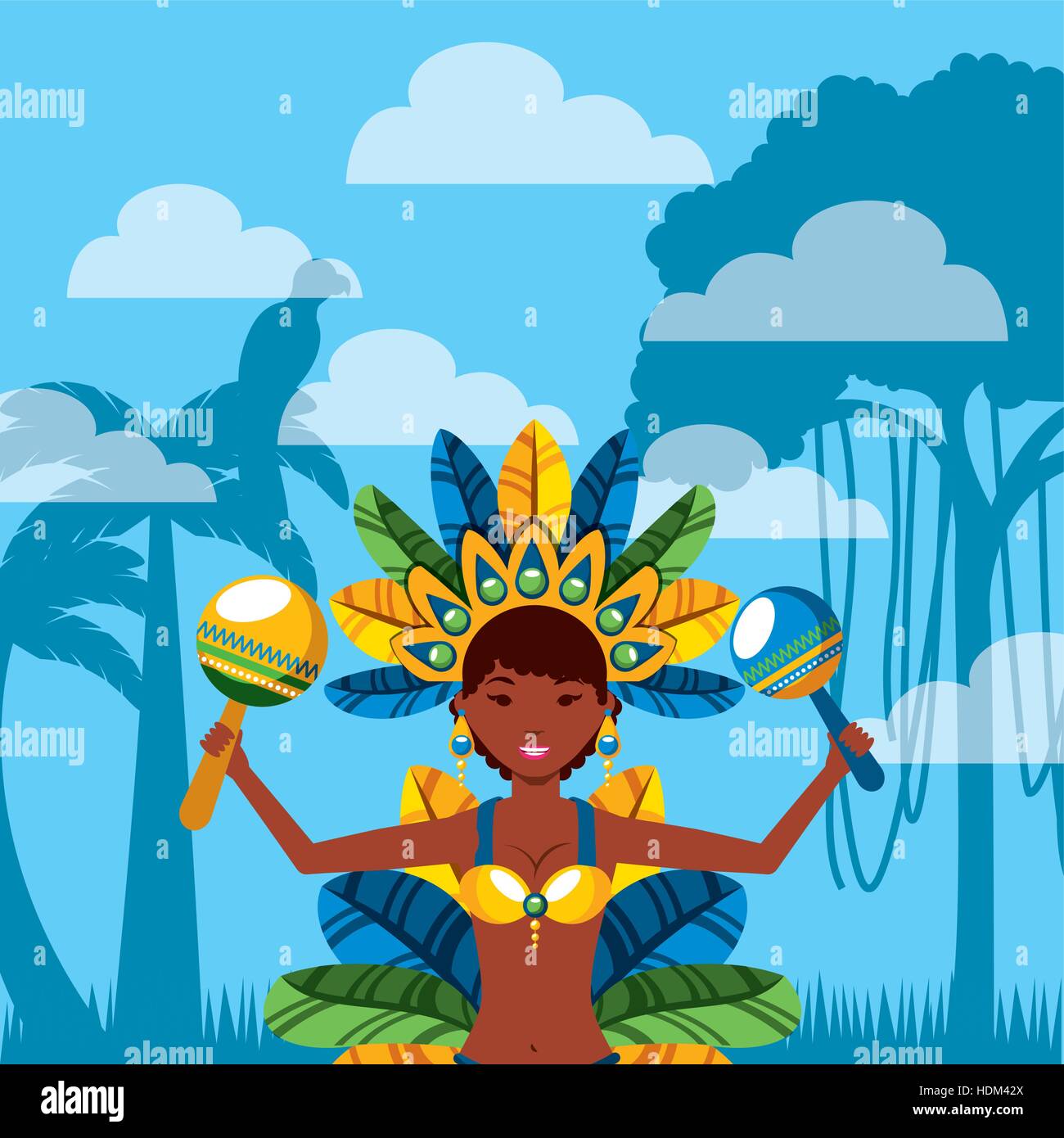 cartoon brazilian dancer woman holding a maracas instrument. colorful ...
