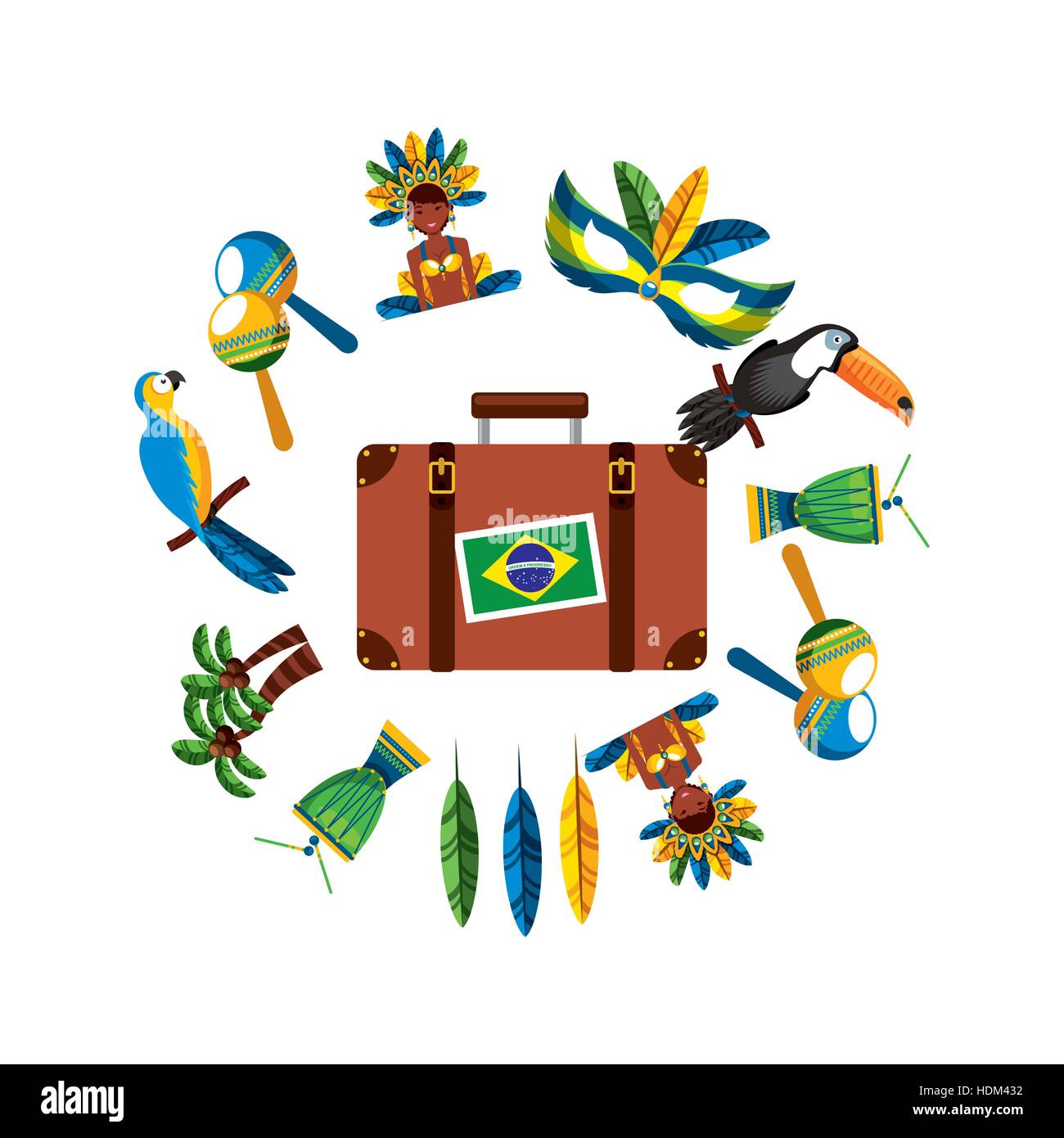 suitcase with brazil flag sticker and brazilian culture icons around ...