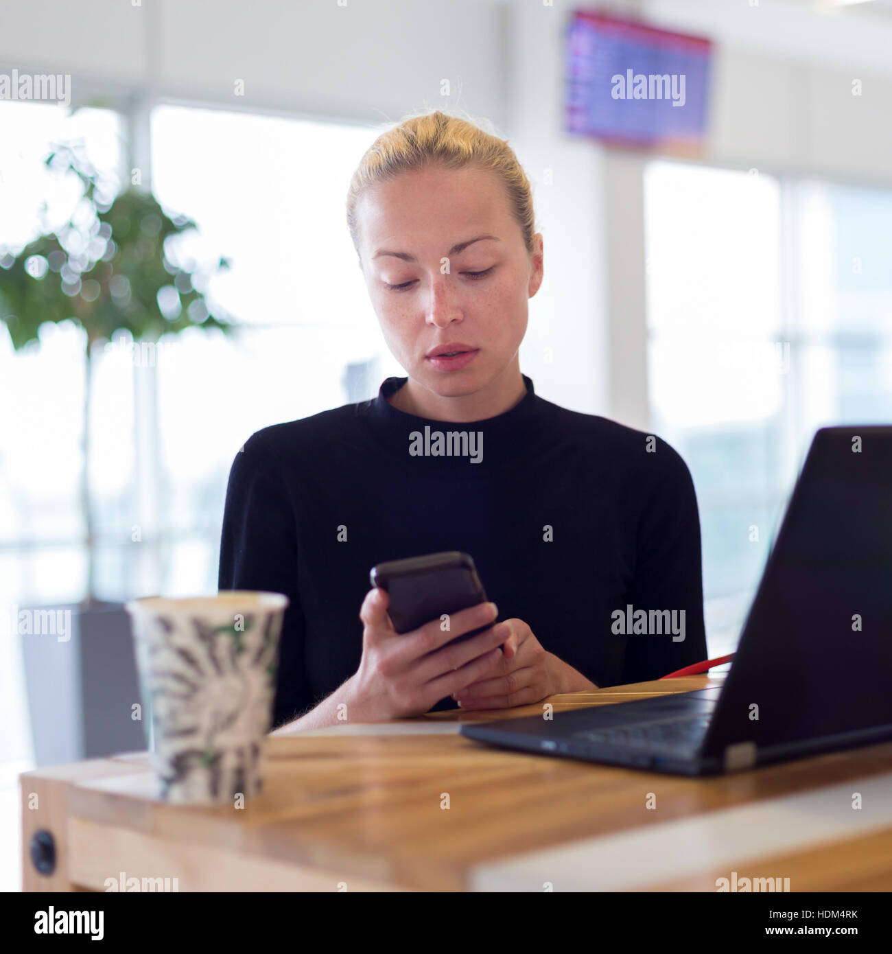 Female freelancer working remotely using hi-res stock photography and ...