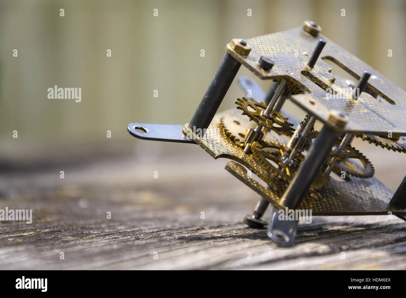 Retro vintage clockwork movement watch mechanism on wood background ...