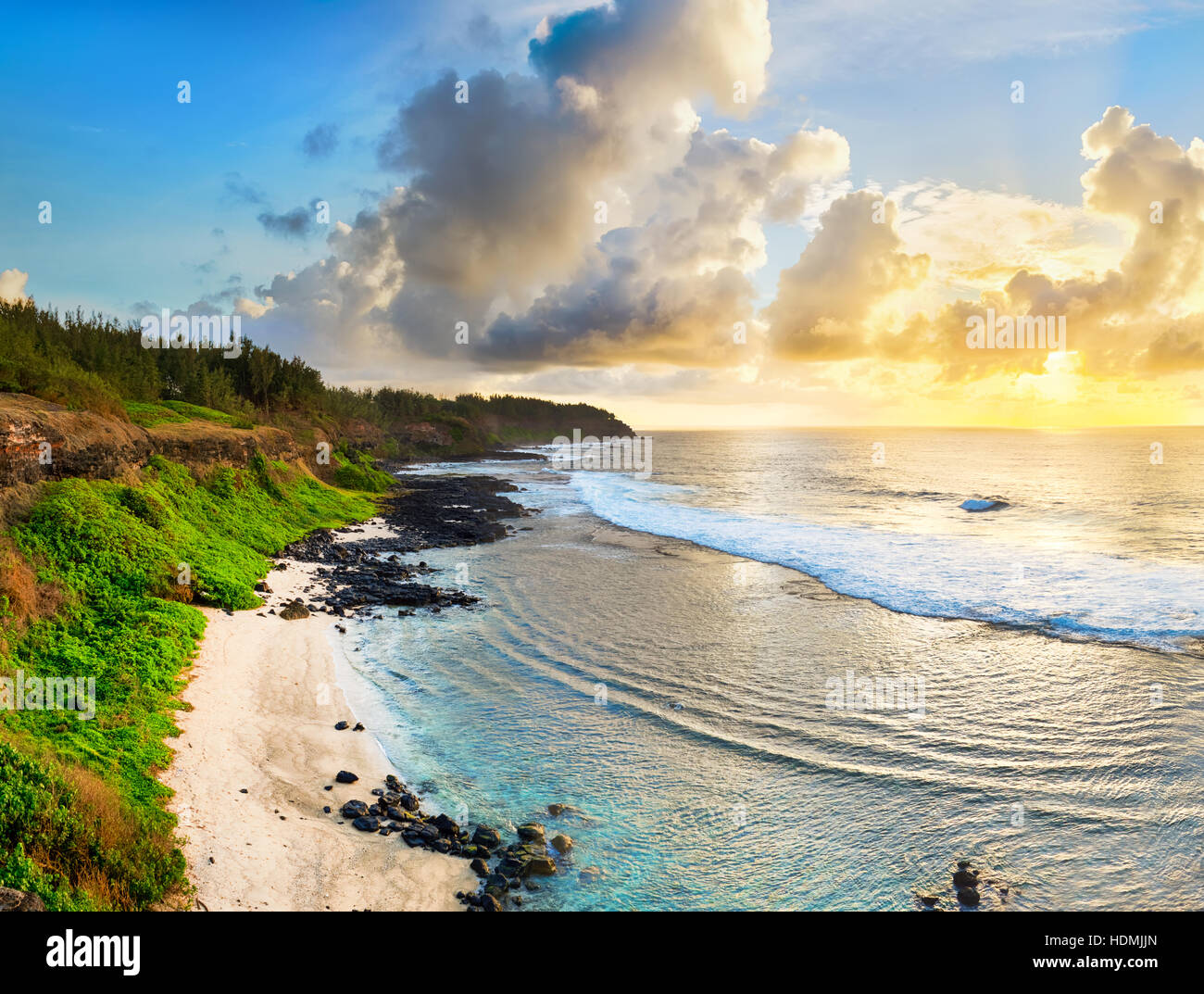 White sandy beach at sunrise. Mauritius. Panorama Stock Photo - Alamy