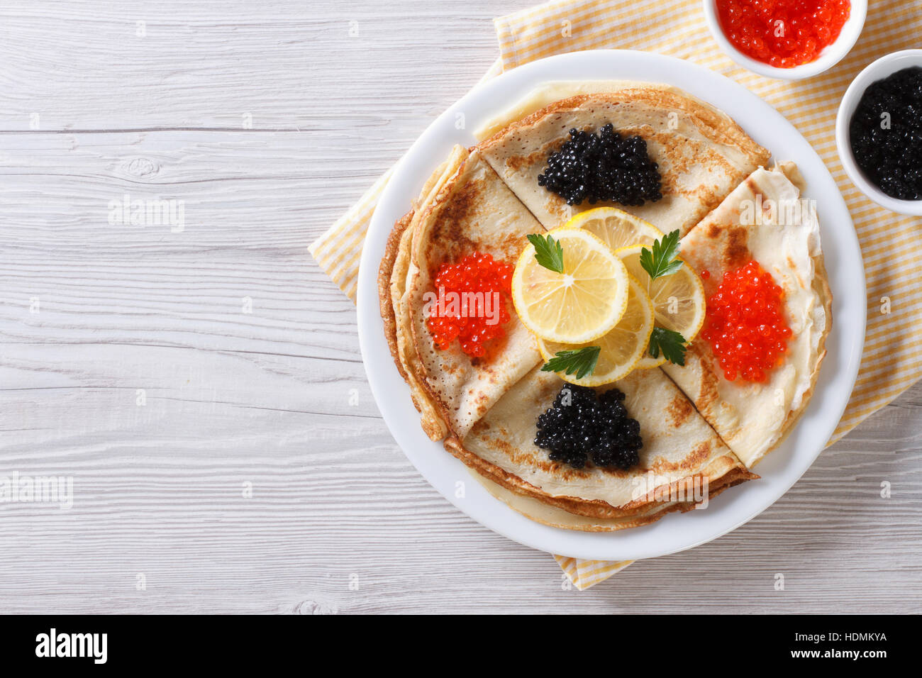 Pancakes with red and black caviar, horizontal view from above Stock ...