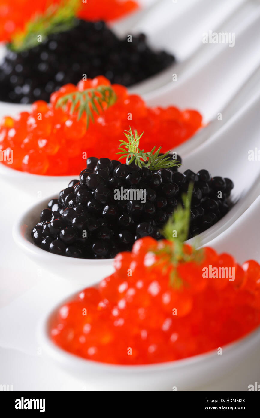 red and black caviar fish close-up in white spoons. vertical Stock ...