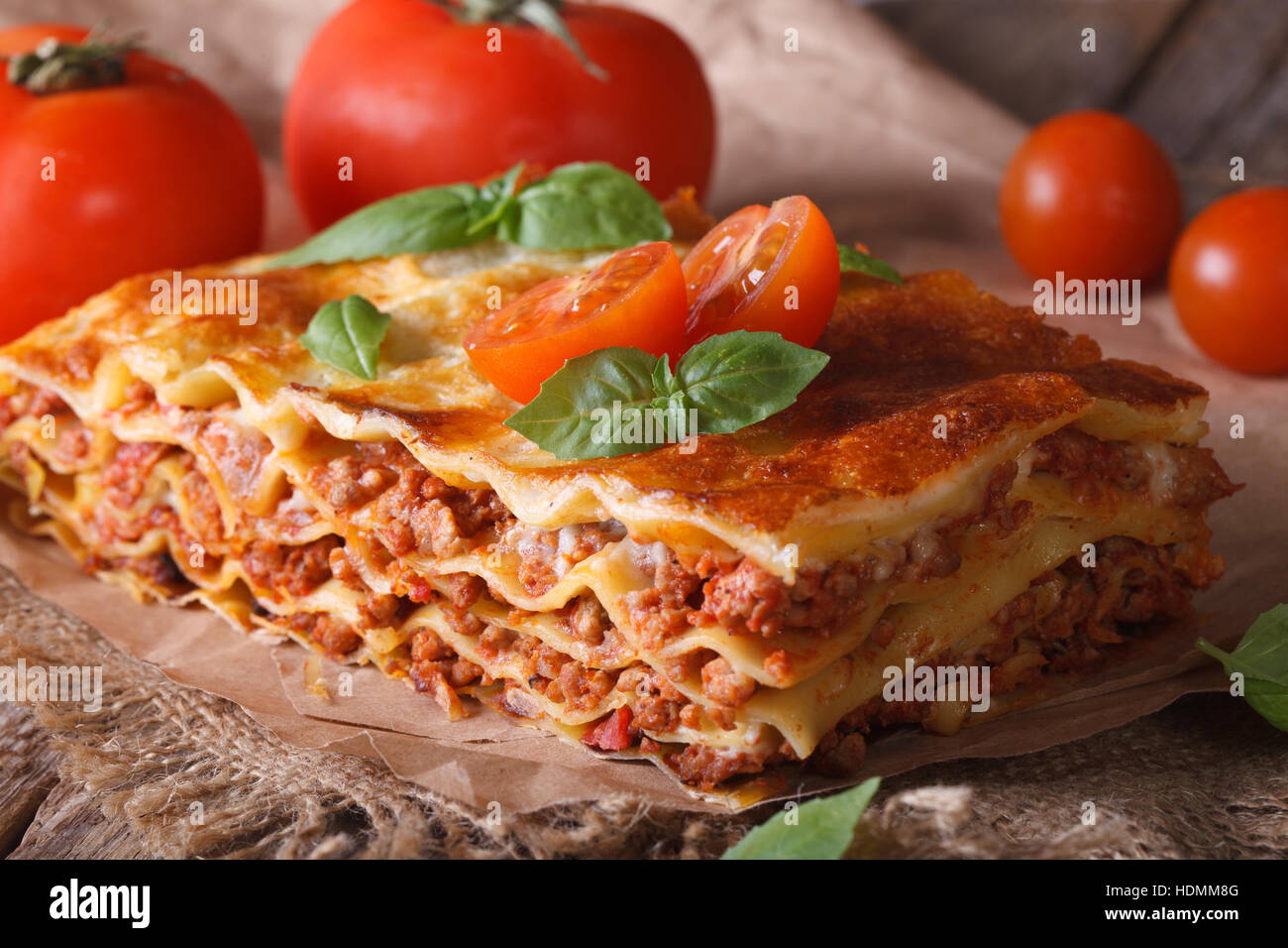 Italian lasagna close-up on the table. horizontal rustic style Stock ...