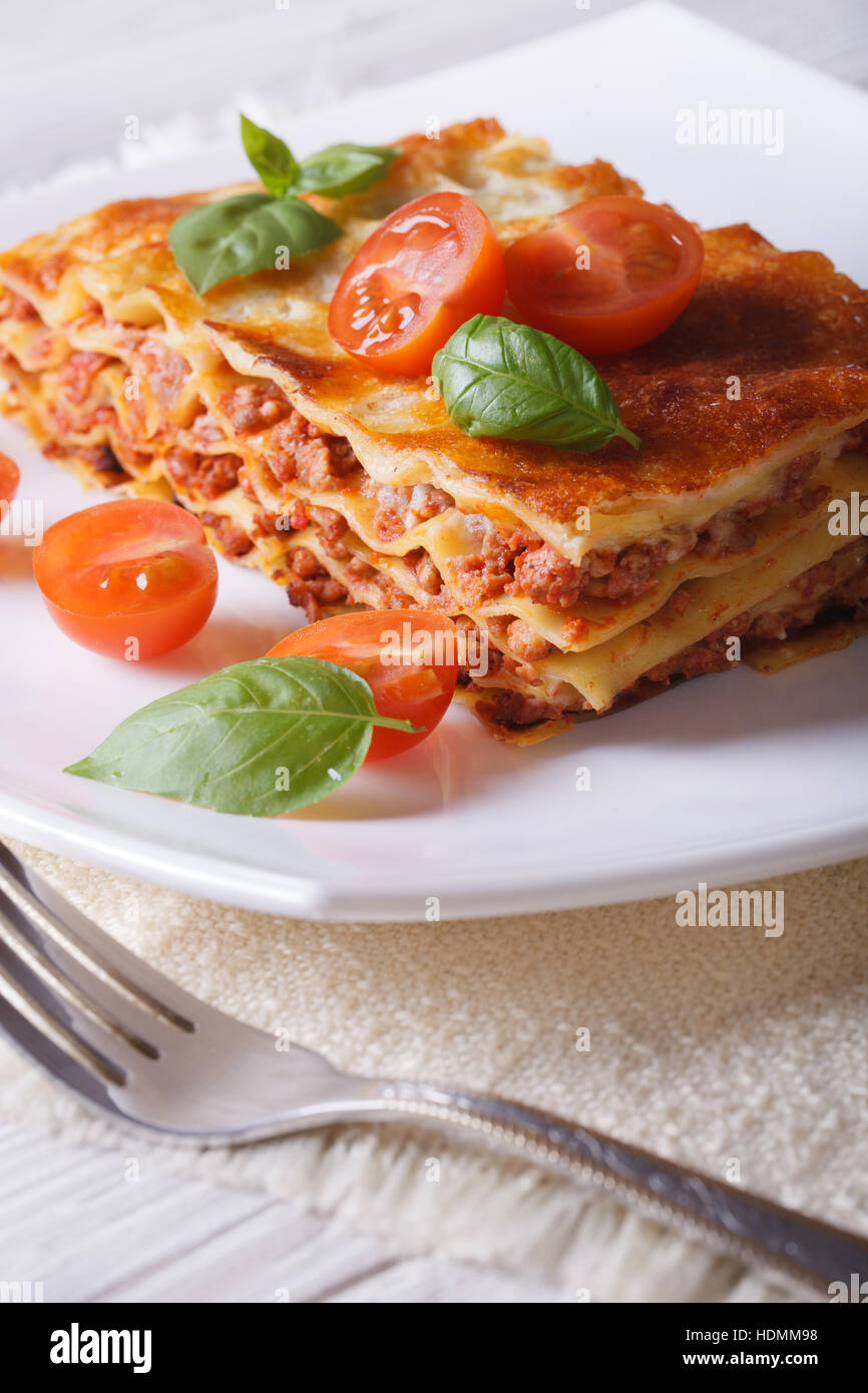 Delicious hot lasagna with basil and tomatoes on a white plate ...