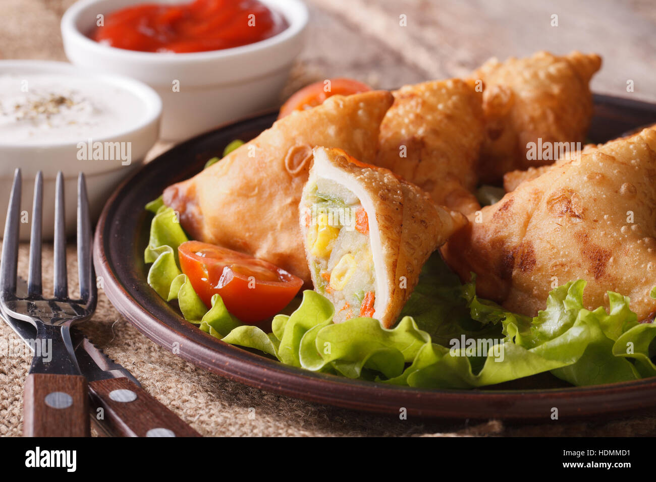 samosa stuffed with vegetables on a plate close-up. horizontal Stock ...