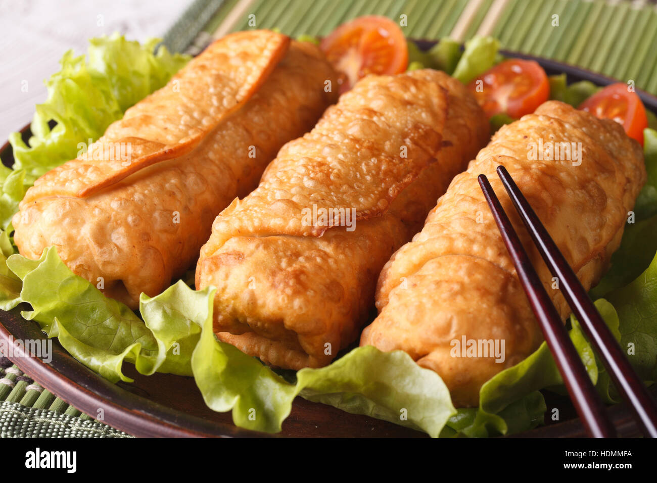 Asian spring rolls fried on a plate with lettuce and tomatoes close up ...