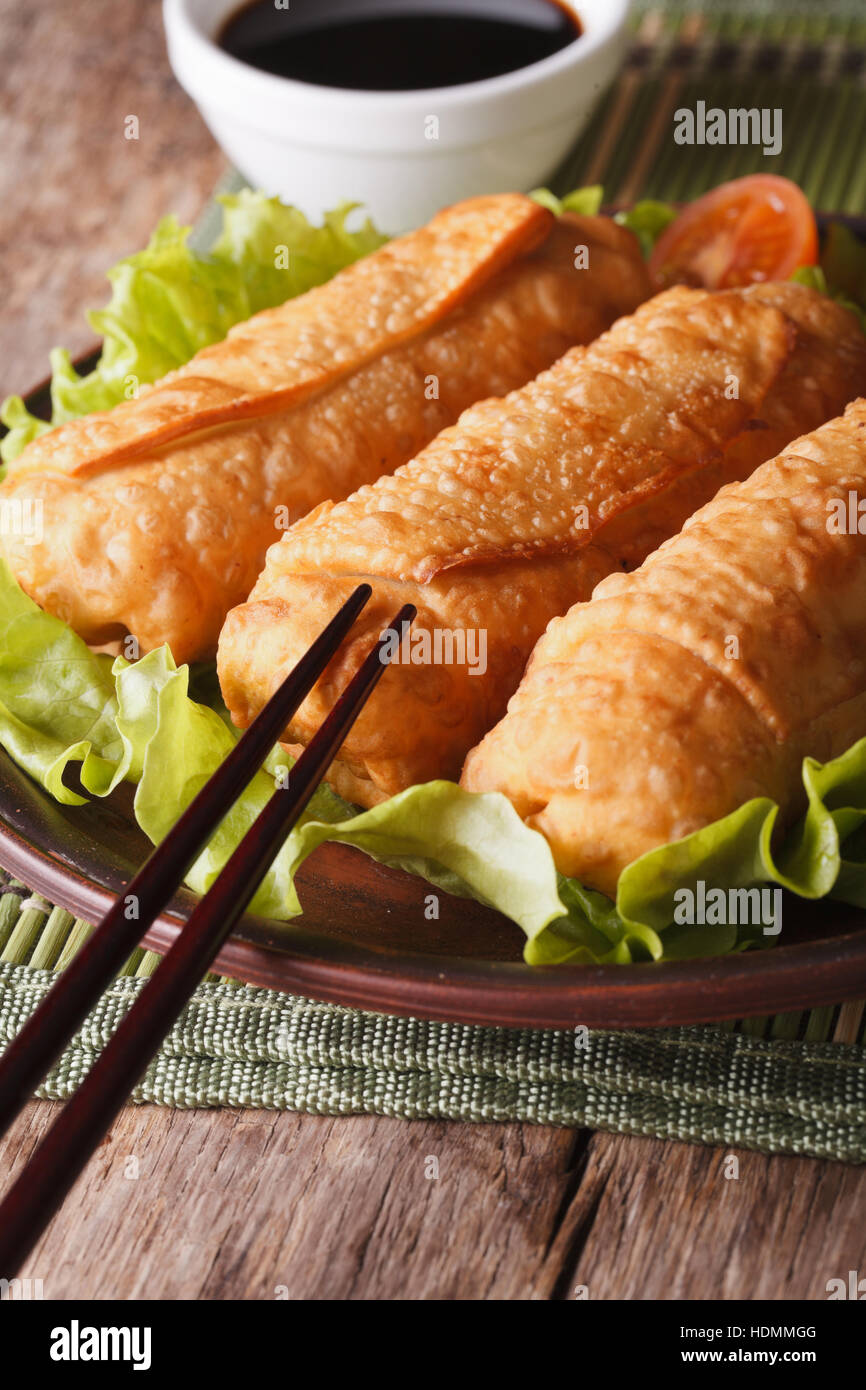 Asian fried spring rolls on a plate and chopsticks close-up. vertical ...