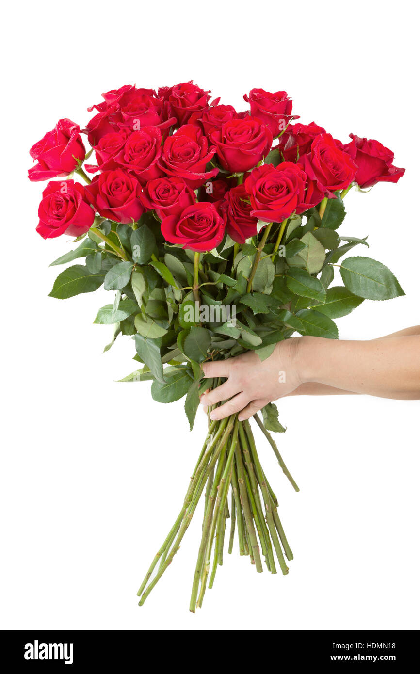 Woman with red roses bouquet Cut Out Stock Images & Pictures - Alamy