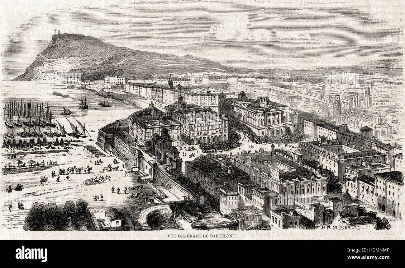 Illustration 1862 engraving General view of Barcelona Stock Photo - Alamy